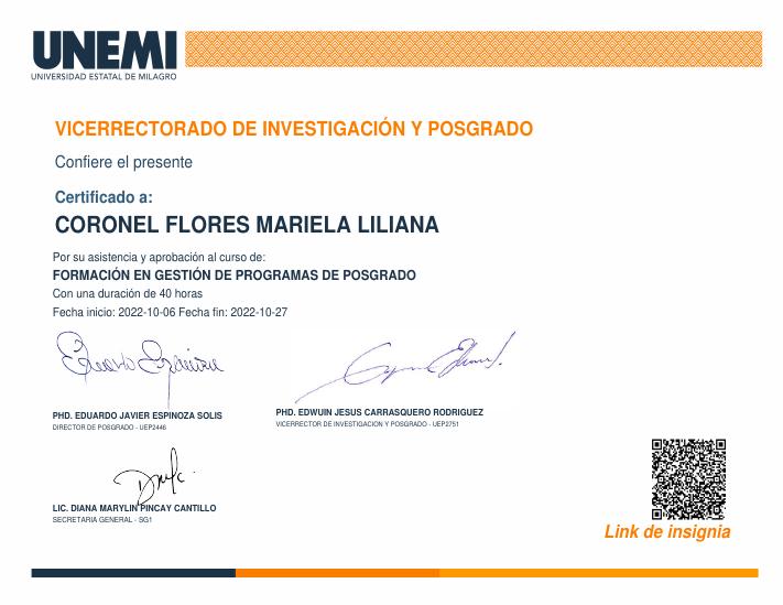 Certificado del curso FORMACIÓN EN GESTIÓN DE PROGRAMAS DE POSGRADO ...